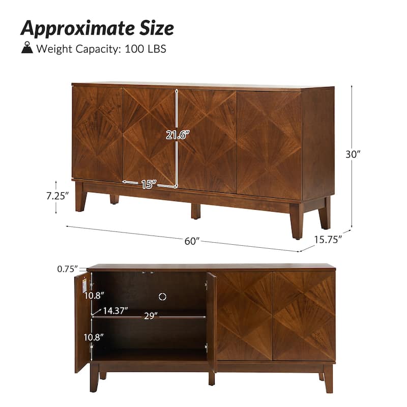 Ofelia Mid-century 60" Wide Geometric Patterned Sideboard with Adjustable Shelves by HULALA HOME ...